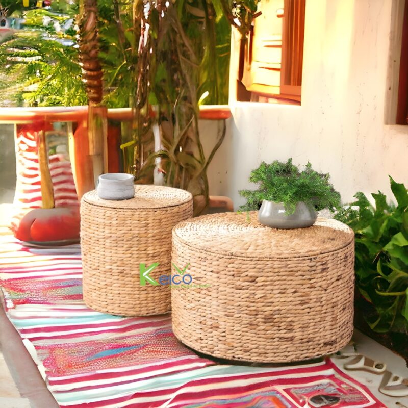 Keico New Outdoor Collection Set 2 Pieces Water Hyacinth Rustic Pouf ...
